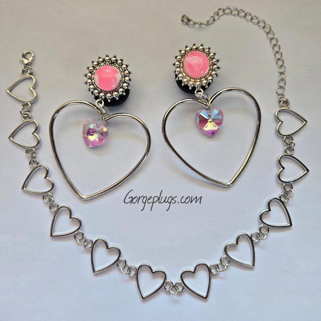 0g-1" Silver Pastel Pink Heart Crystal Hoops Dangle Drop Plugs Gauges W ...
