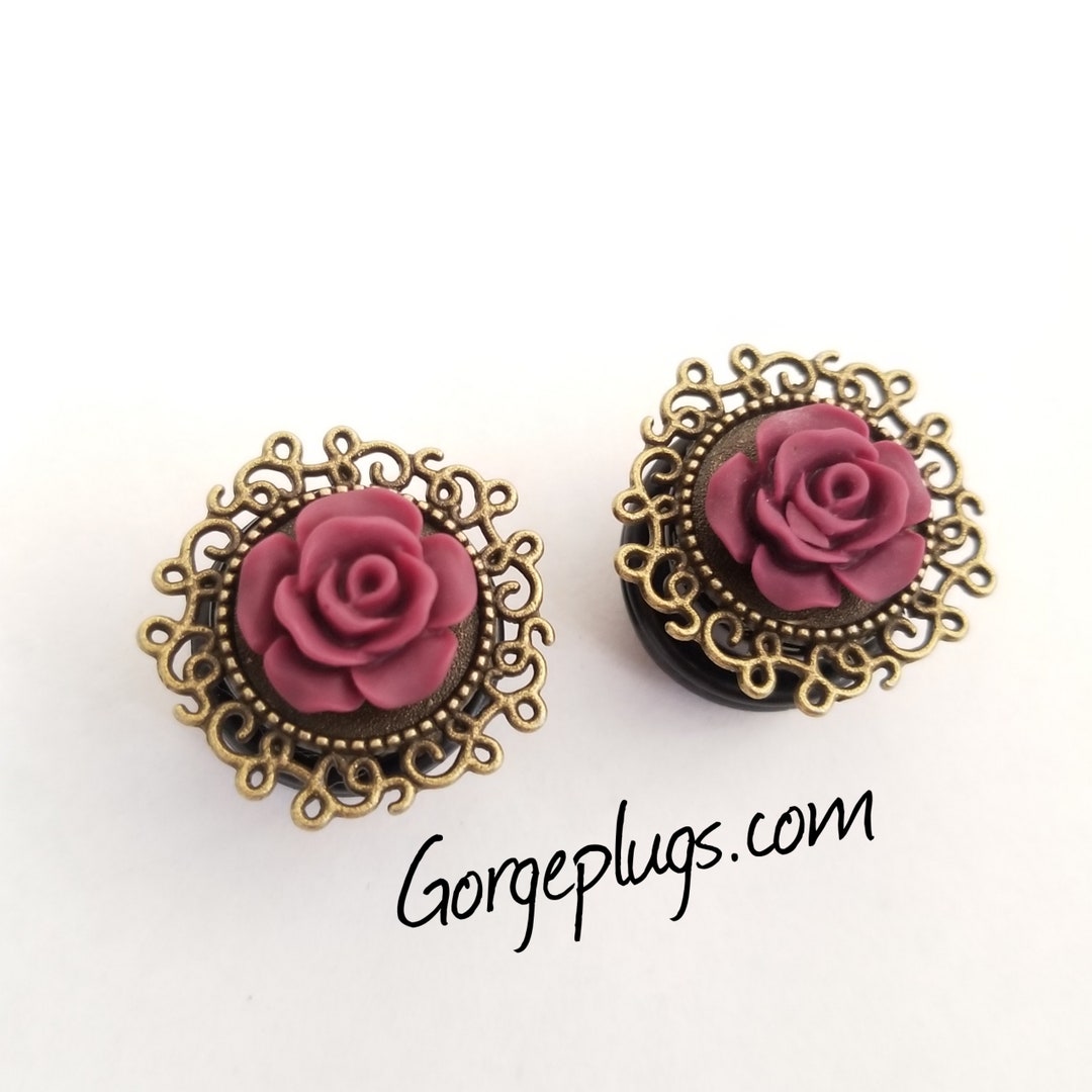 PICK SIZE Burgandy Flowers Plugs Tunnels Gauges 0g-1 1/8" (8mm-28mm ...