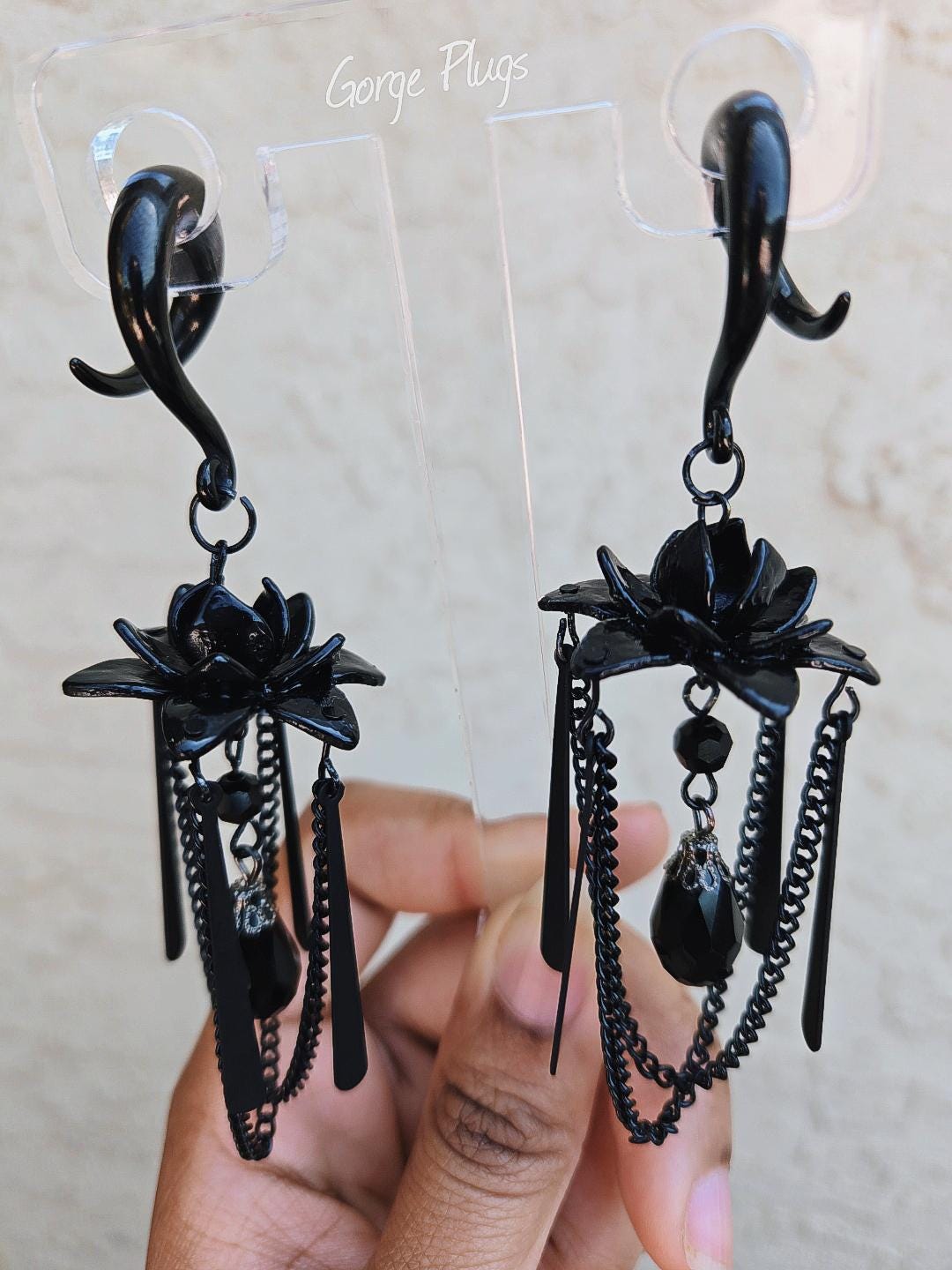 6g-1 " All Black Gothic Lotus Earrings W/ Spikes and Obsiden Crystal ...