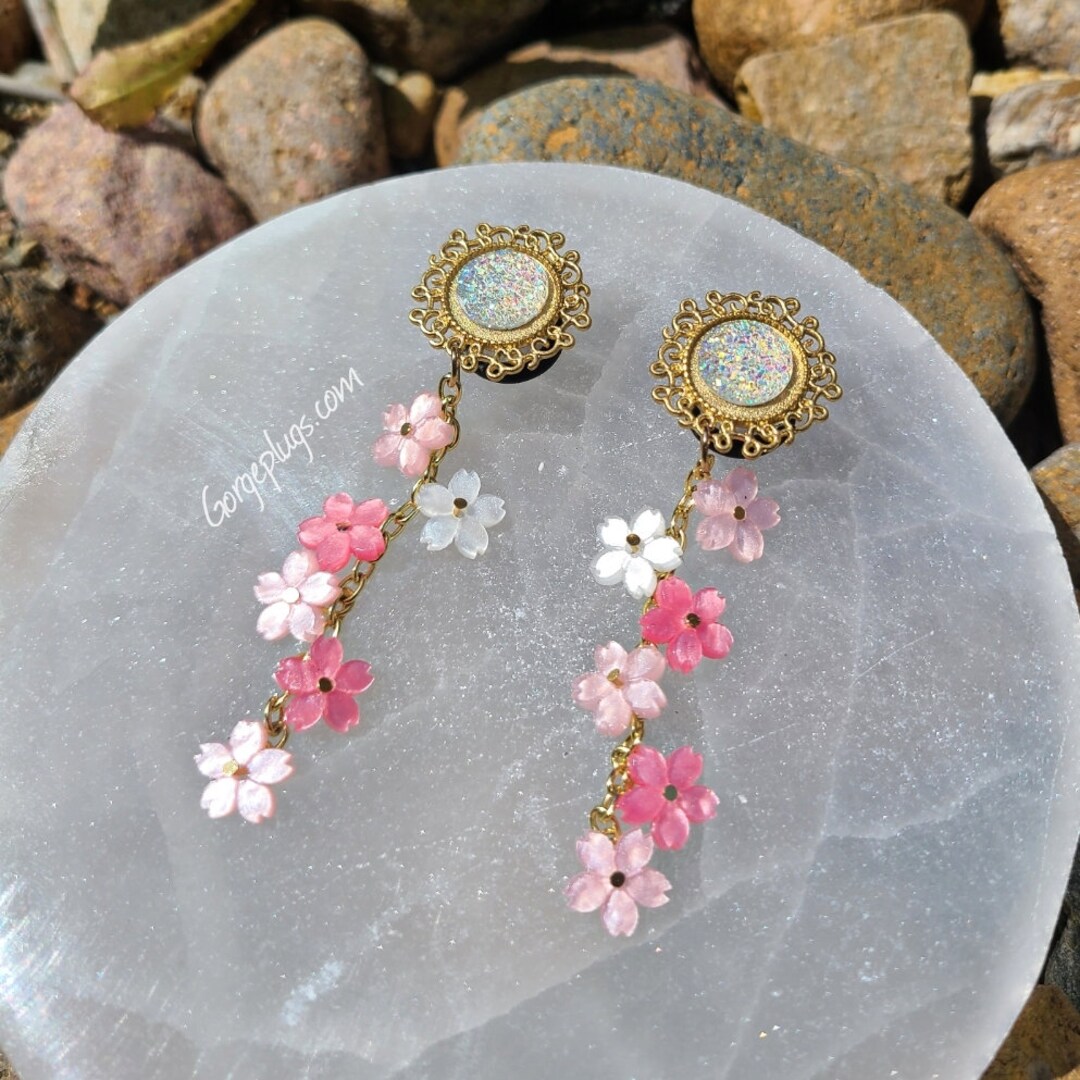 0g-1" Silver or Gold Cherry Blossoms Sakura Dangle Plugs Gauges, Sold ...