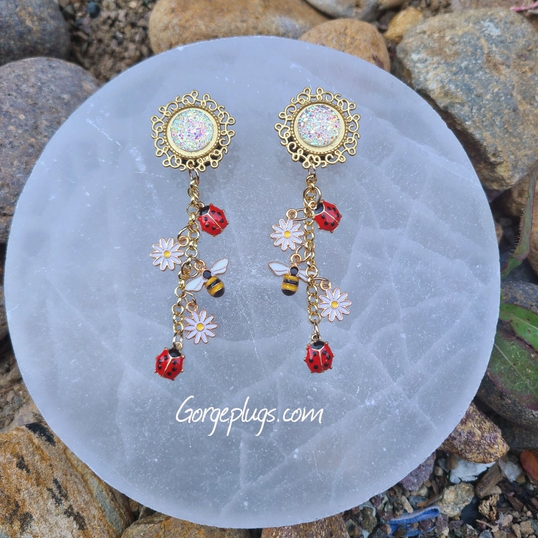 0g-1 Gold Lady Bugs & Bees Dangle Plugs Gauges, Sold by PAIR 8mm-25mm ...