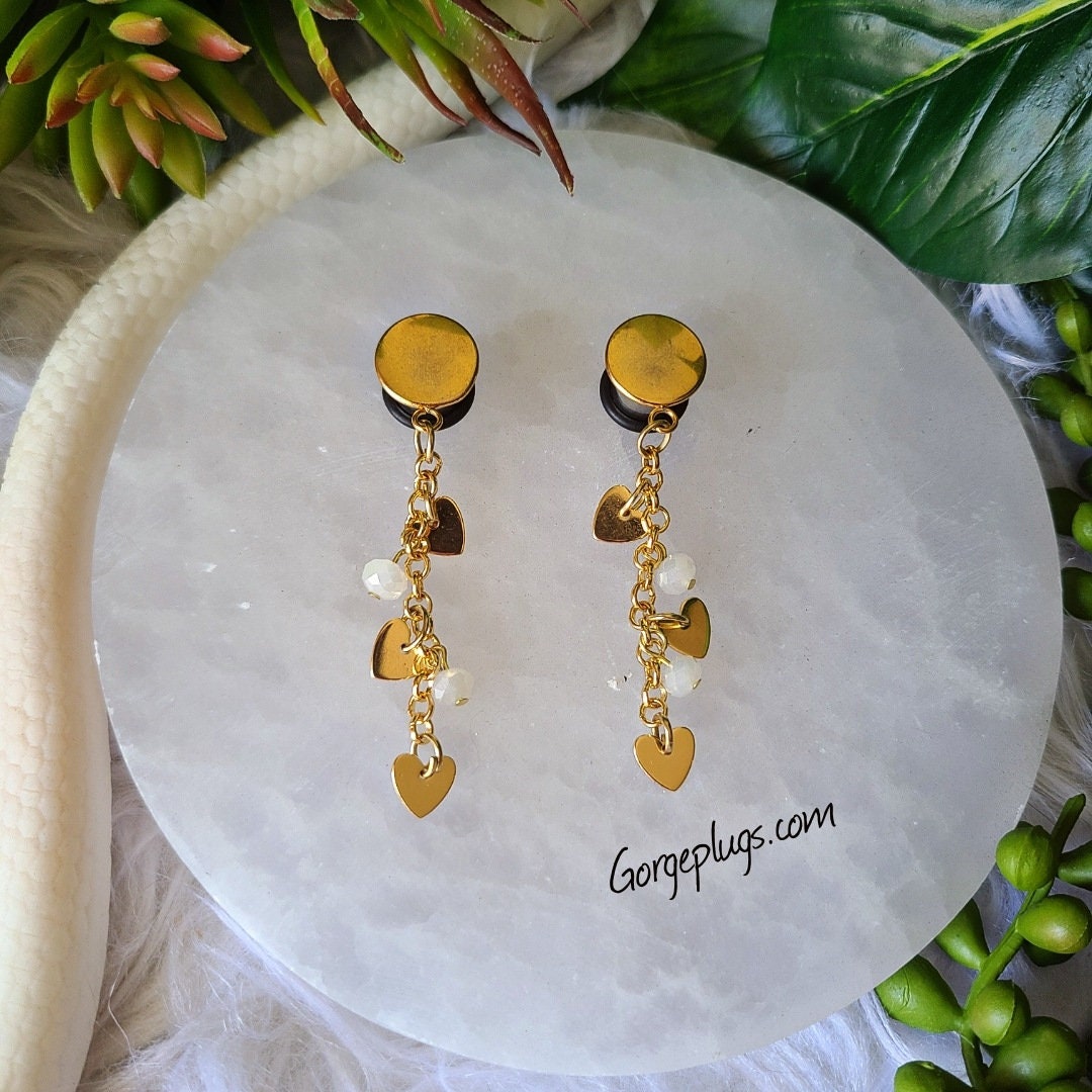 0g-1" Gold Hearts White Opal Chain Dangle Plugs Gauges Earrings, Sold ...
