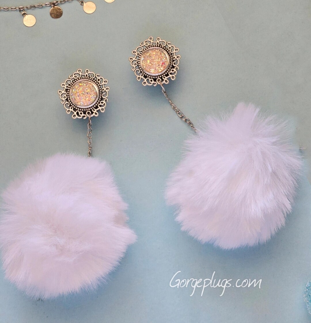 0g-1" Silver Gold White Fluffy Plush Pompom Kawaii Earrings Dangle Drop ...