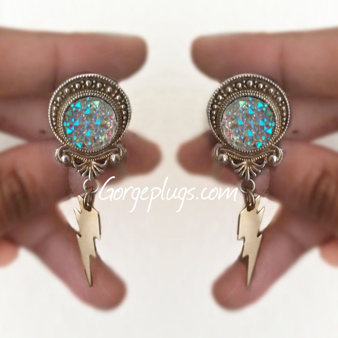 0g-1" Gold Lightning Boltz Dangle Plugs Gauges Earrings, Sold by PAIR ...