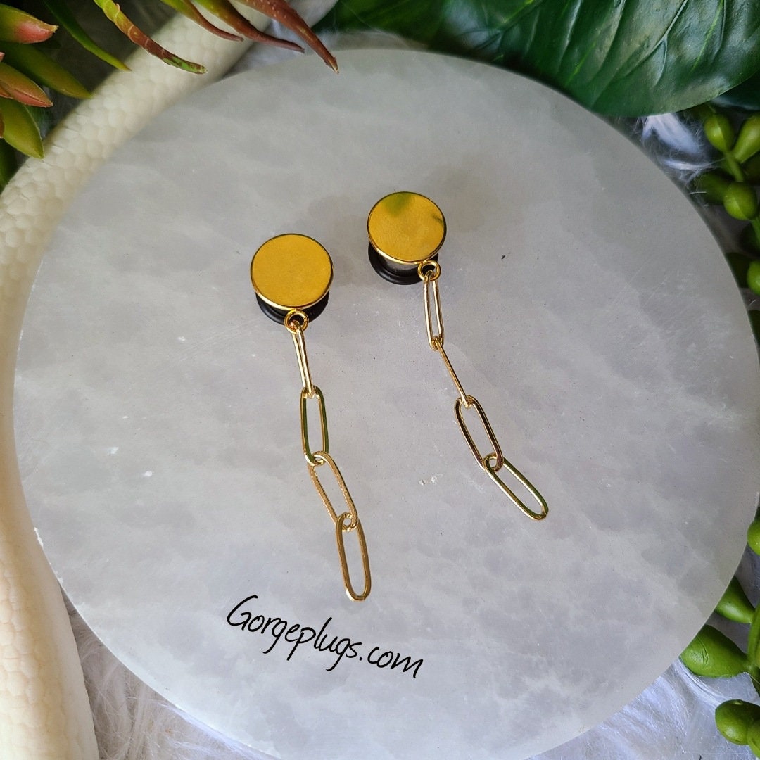 0g-1" Gold Chain Dangle Plugs Gauges Earrings, Sold by PAIR ( 8mm-25mm ...