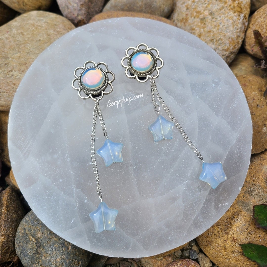 0g-1" Silver Opal Stars Dangle Plugs Gauges Sold by PAIR (8mm-25mm) 00g ...