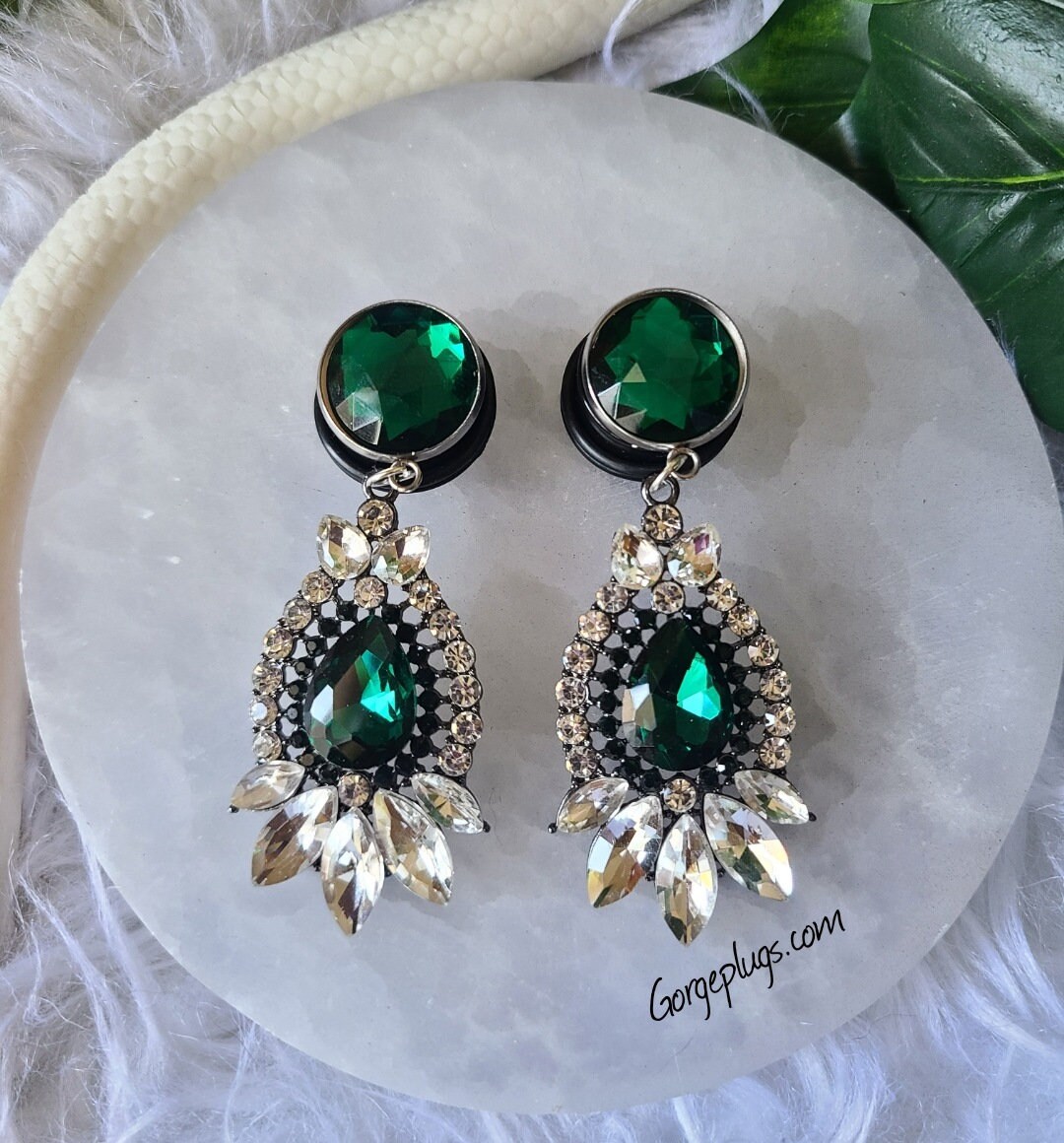 0g-1" Silver Emerald Green Bridal Fancy Wedding Gem Dangle Plugs Gauges ...