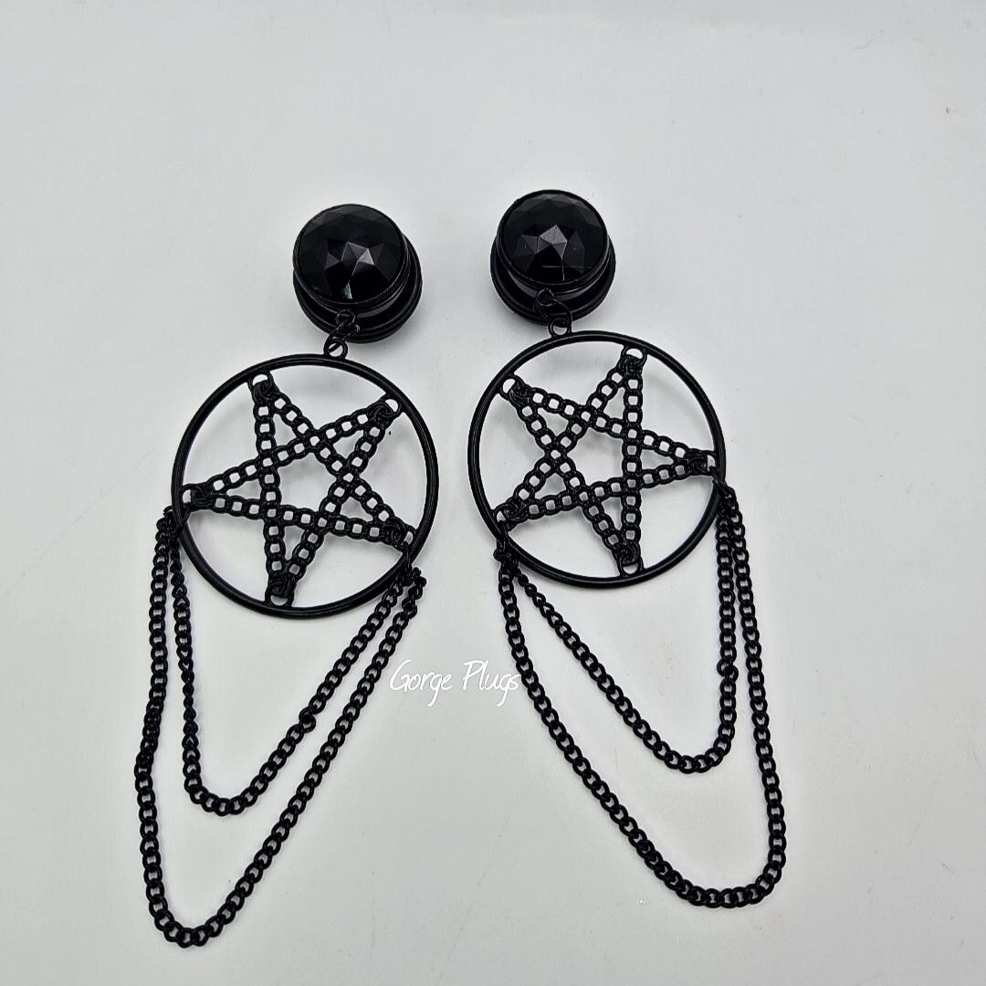 0g-1" All Black Pentagram Hoop Chain W/ Faceted Black Studs, Witchy ...