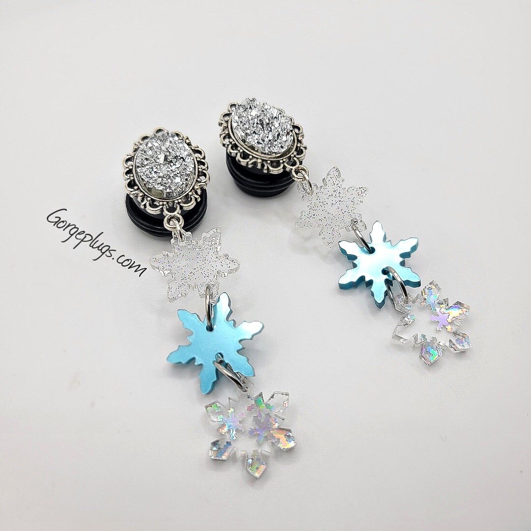 PICK SIZE Winter Snowflakes Dangle Plugs Gauges 0g-1" ( 8mm-25mm) Sold ...