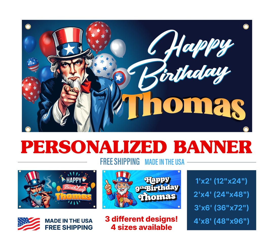 Uncle Sam Patriotic Birthday Party Banner W/ Customer Name & Age ...