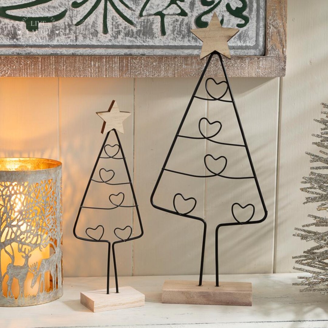 Metal Wire Heart Christmas Tree Shelf Sitter With Wooden Star Topper - Etsy