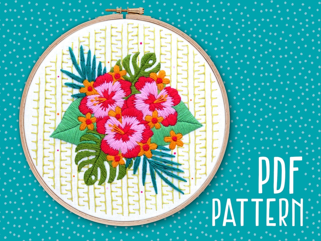 Modern Hand Embroidery Pattern, Tropical Craft Project, Mindfulness Hoop Art, Flowers DIY ...