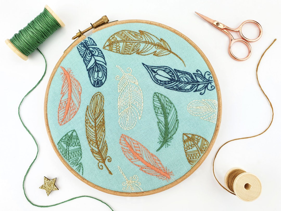 Boho Feathers Embroidery Kit, Boho Needle Craft Kit, Feather Hoop Art ...