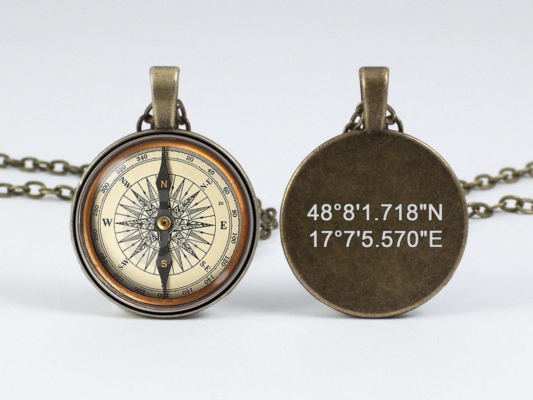 Engraved Necklace Compass Pendant Custom Text Voyage Customized ...