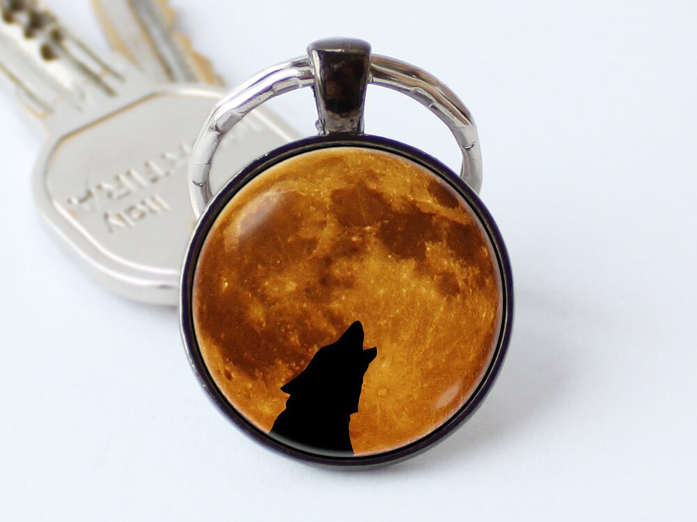 Lunar Key Fob Howling Wolf Keychain Full Moon Key Chain Moon | Etsy