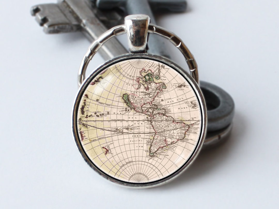 Map Keychain World Map Key Ring Old Map Jewelry Globe Key Chain World ...