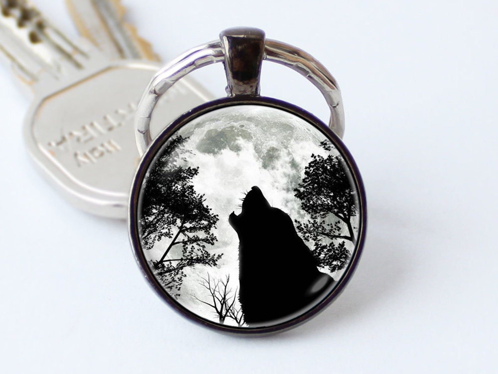 Black Wolf Keychains Wolf Moon Keyring Wolf Jewelry Moon and | Etsy