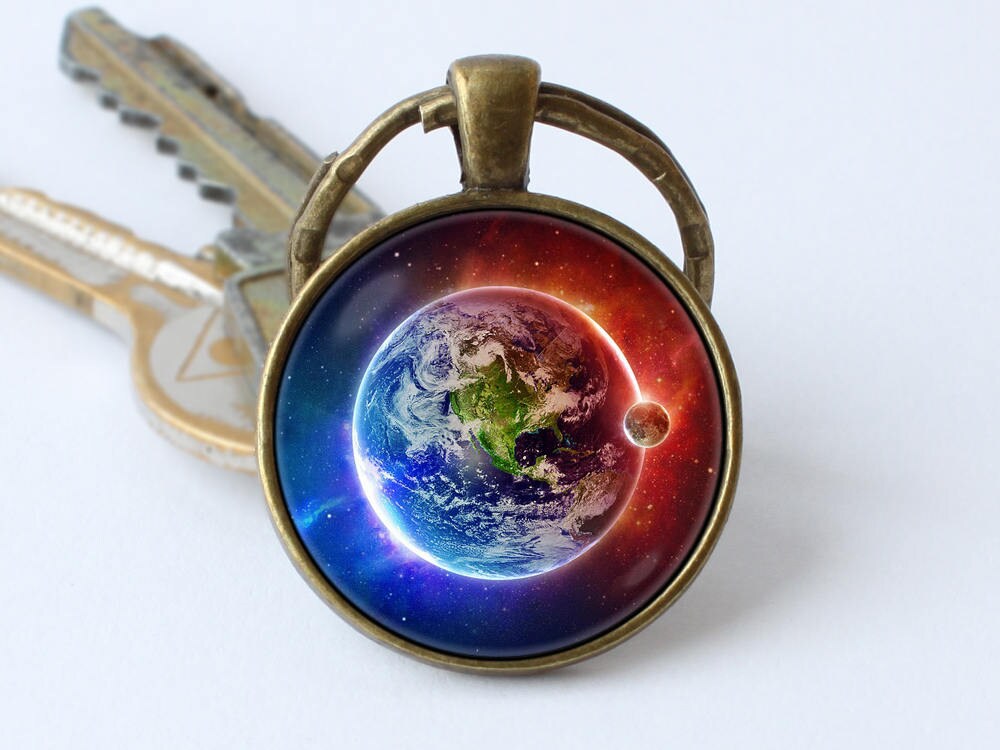 Earth and Moon Key Chain Space Earth Keychain Space Keyring | Etsy