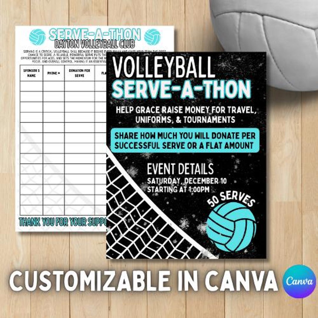 Volleyball Serve-a-thon Flyer & Pledge Form: Editable Canva Template - Etsy