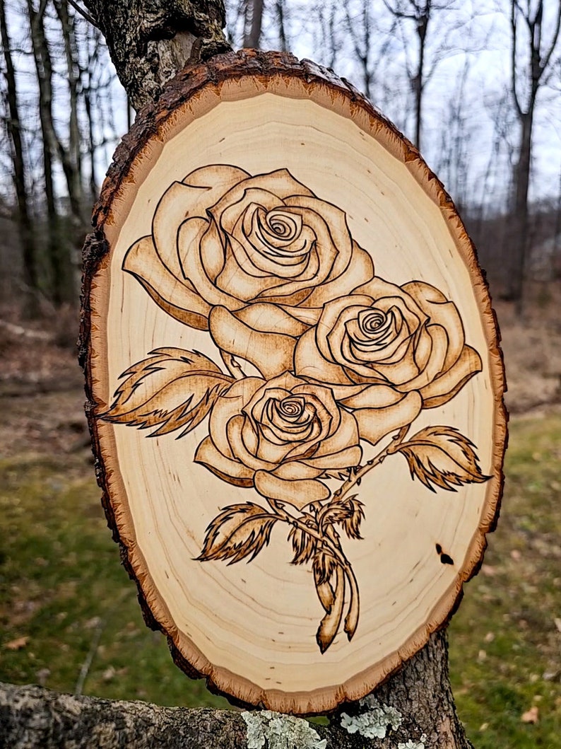 Handmade Wood Burned Rose Art - Etsy