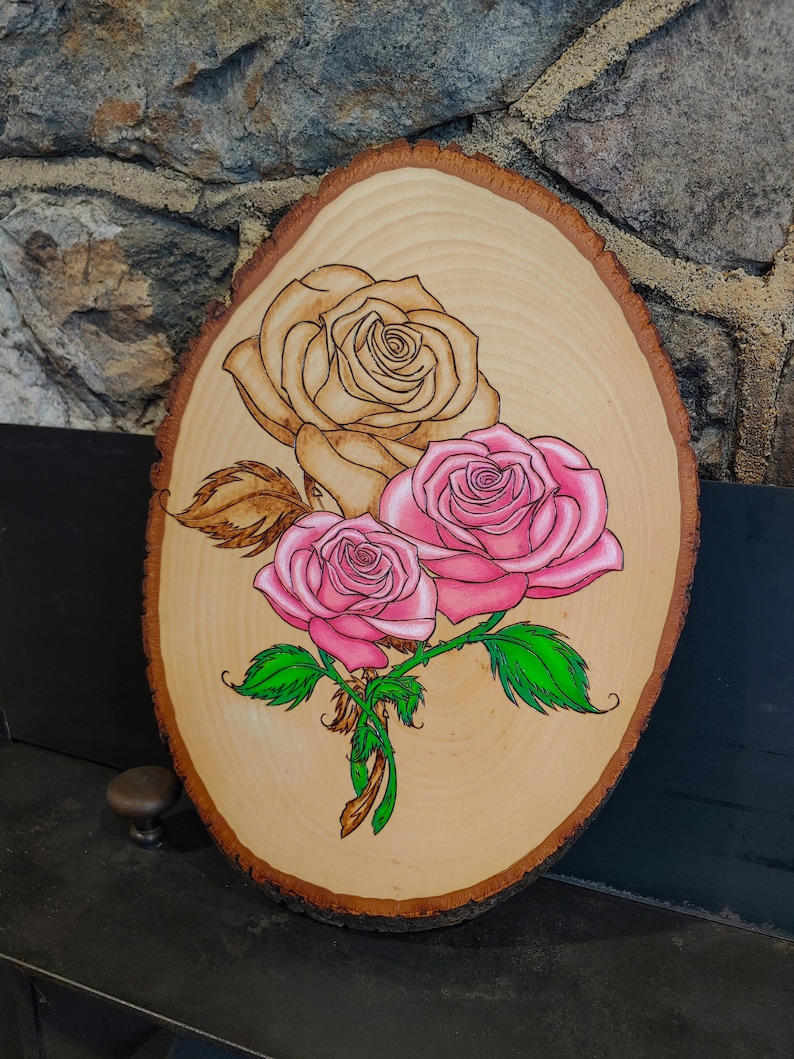 Handmade Wood Burned Rose Art - Etsy