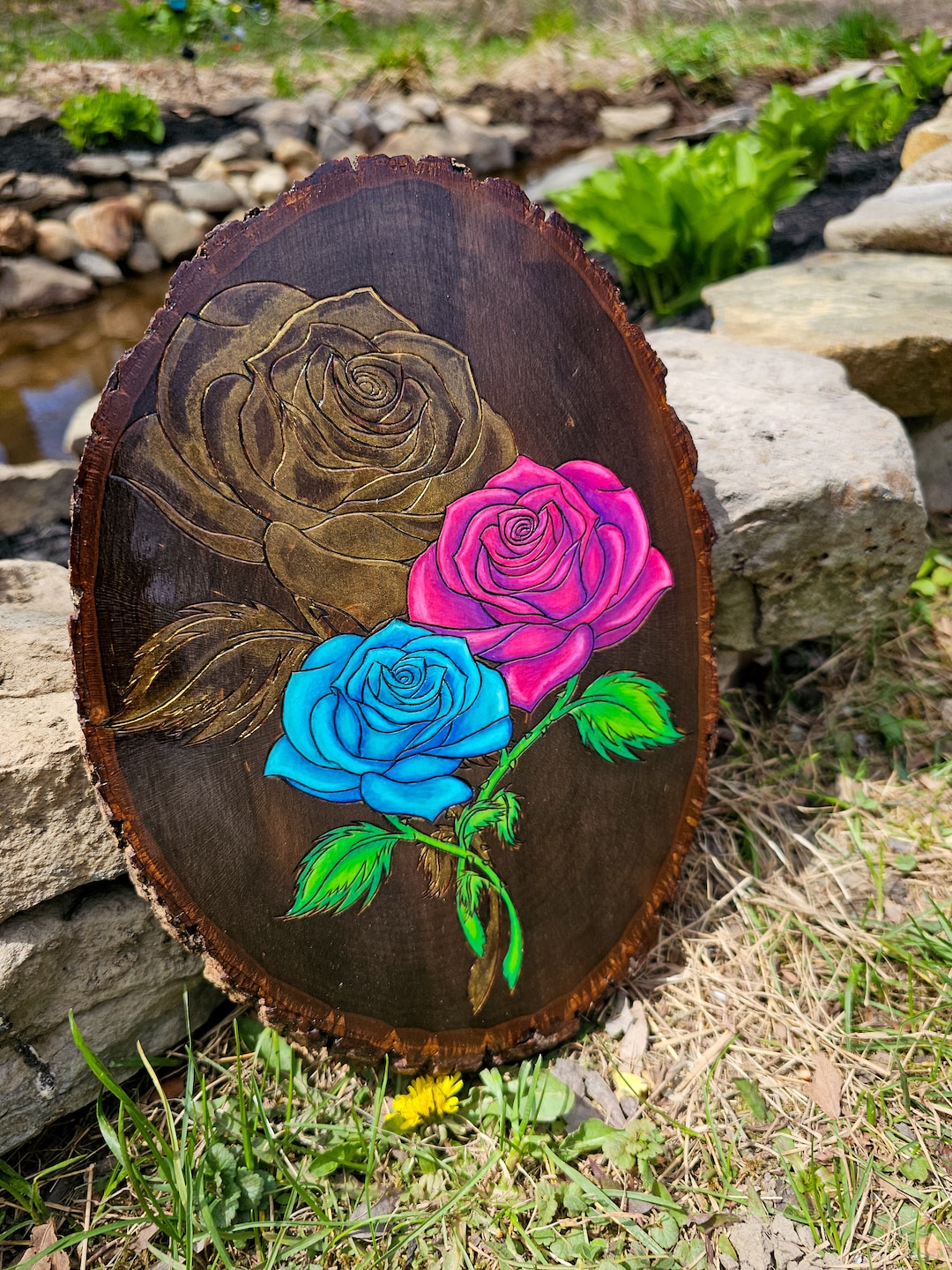 Vibrant Wood Burned Rose Art - Etsy