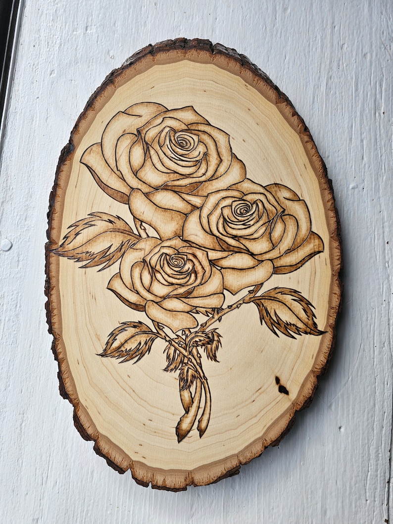 Handmade Wood Burned Rose Art - Etsy