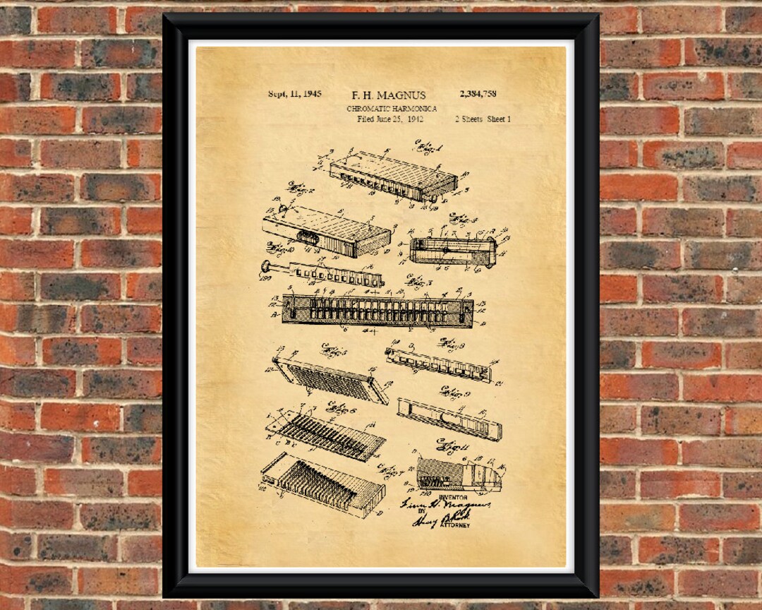 HARMONICA 1945 Patent Drawing. A4 Poster Art Print / Vintage / or Black ...