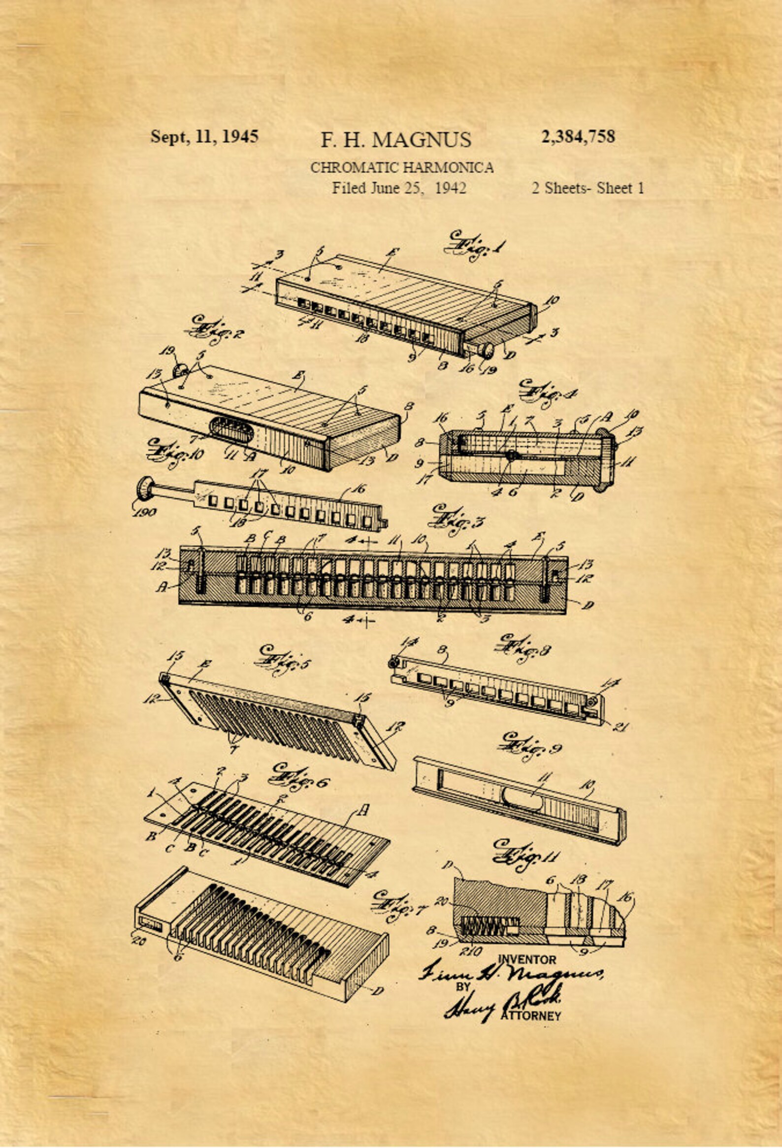 HARMONICA 1945 Patent Drawing. A4 Poster Art Print / Vintage / or Black ...