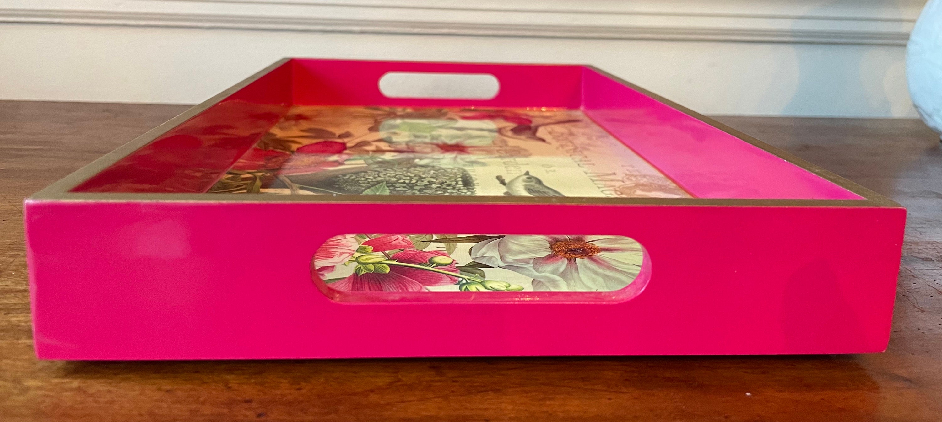 Decoupage Pink Lacquered Gallery Tray Botanical Theme - Etsy