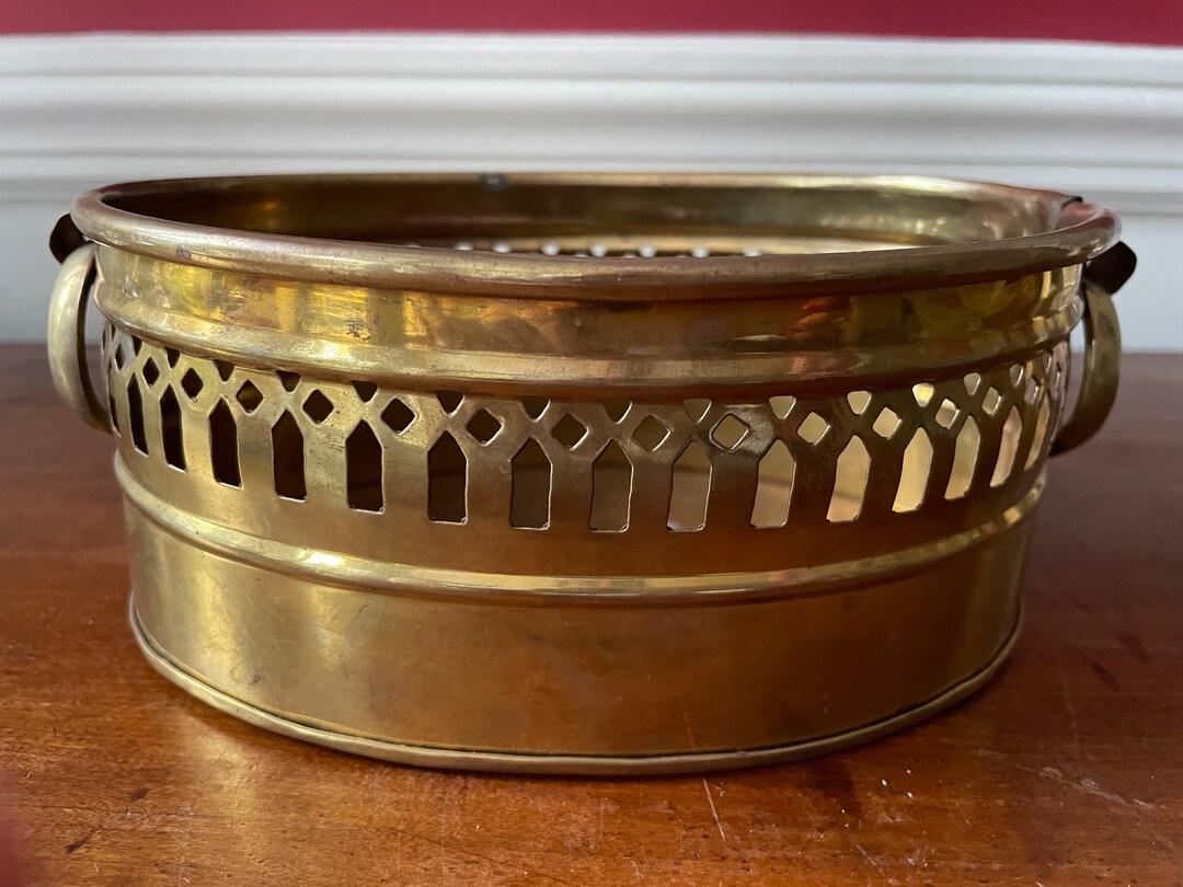 Vintage Brass Cachepot Planter With Ring Handles and Retriculated Edges ...