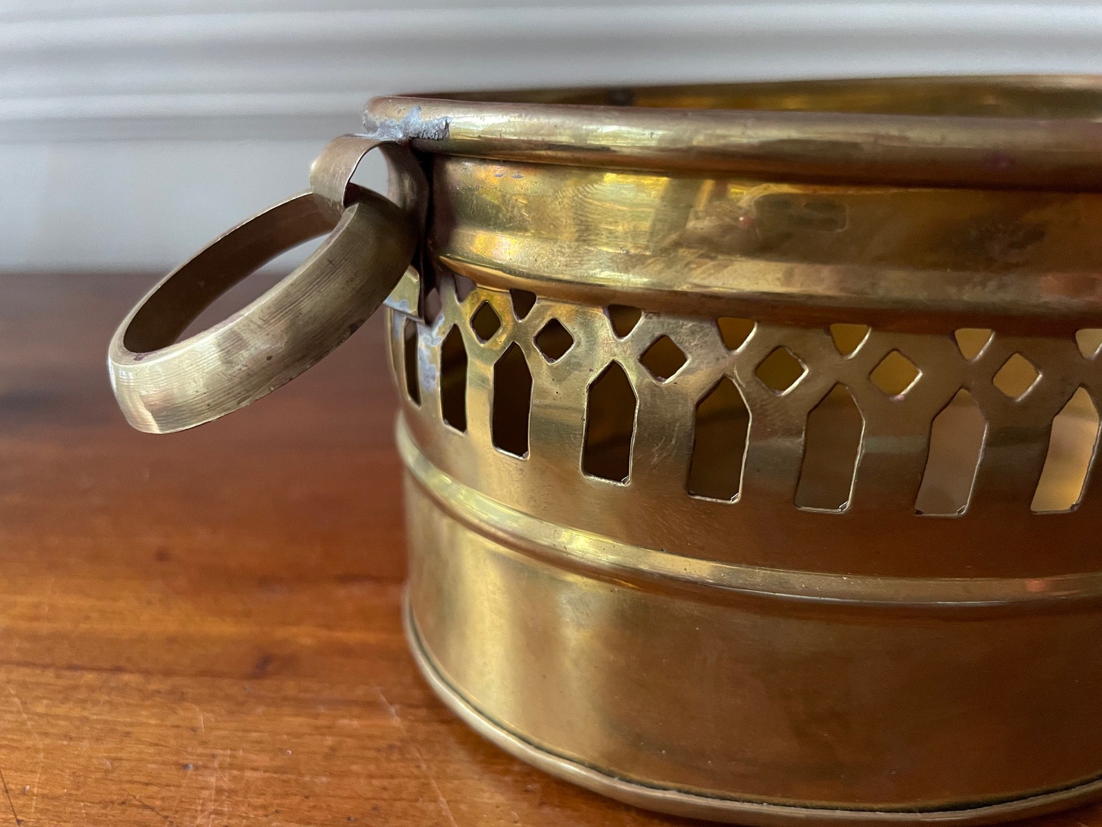 Vintage Brass Cachepot Planter With Ring Handles and Retriculated Edges ...