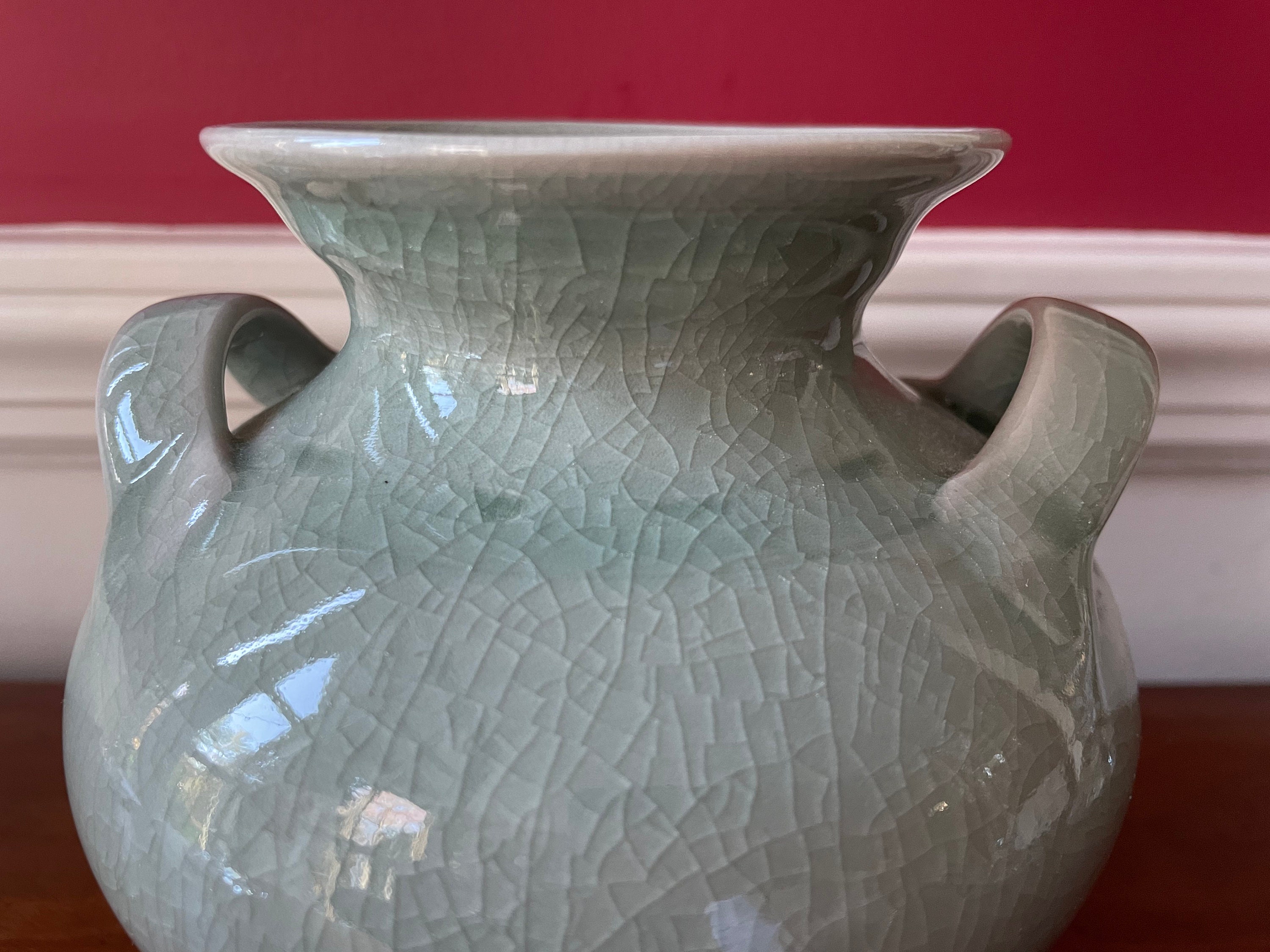 Simon Pearce Crackle Glaze Studio Pottery Handled Urn Celadon Hard to ...