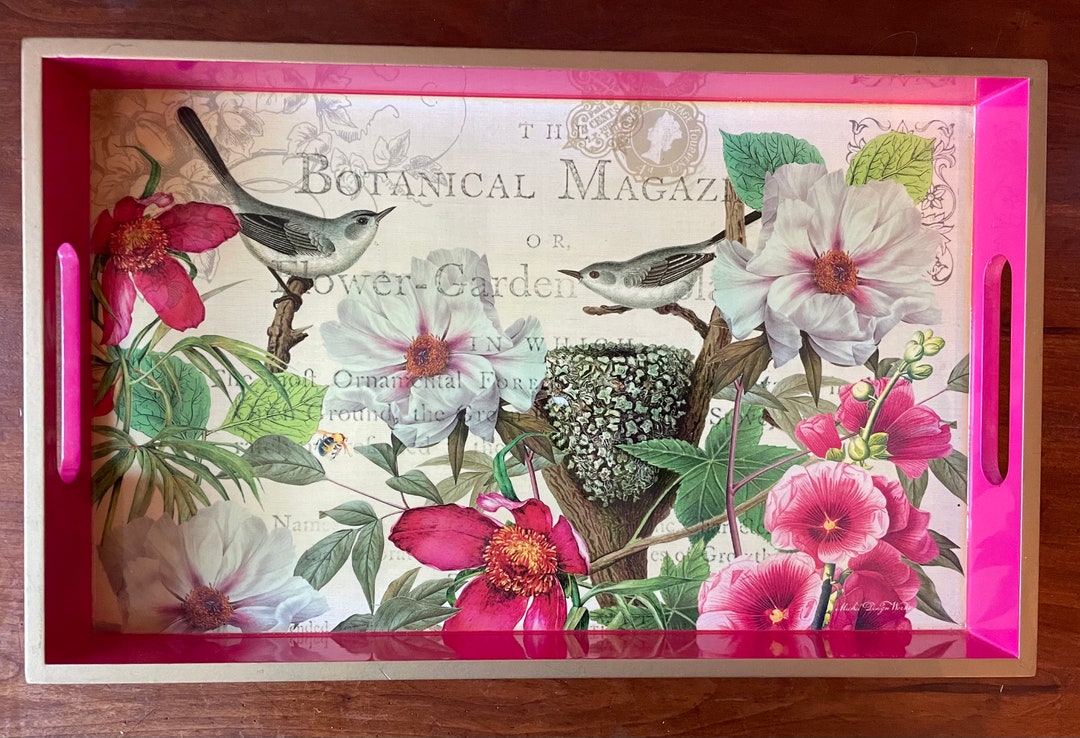 Decoupage Pink Lacquered Gallery Tray- Botanical Theme - Etsy