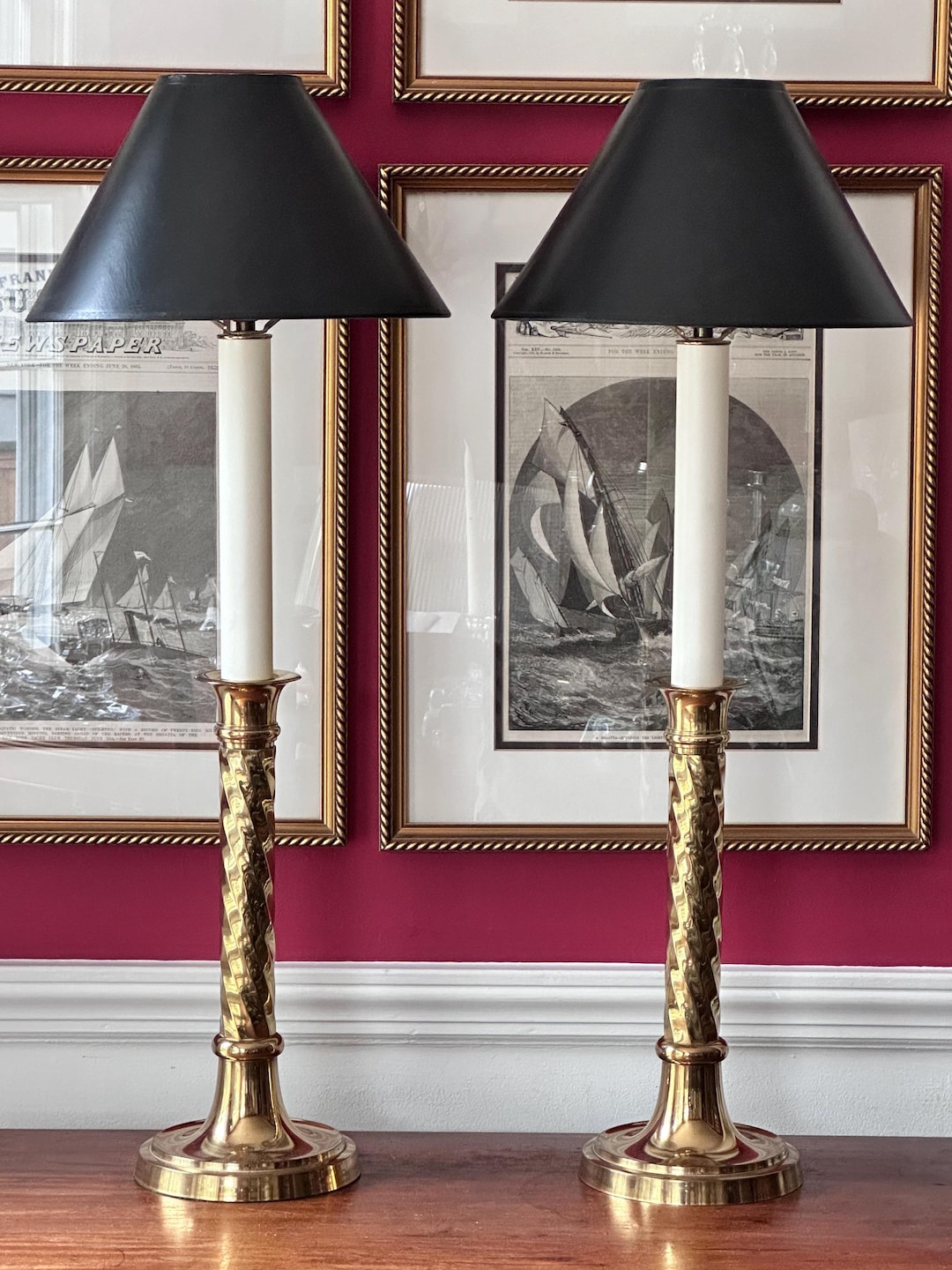 Vintage Brass Candlestick Lamps With Black Lampshades, a Pair - Etsy
