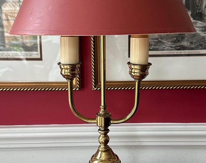 Vintage Brass 2 Arm Desk/table Lamp With Brick Red Shade - Etsy