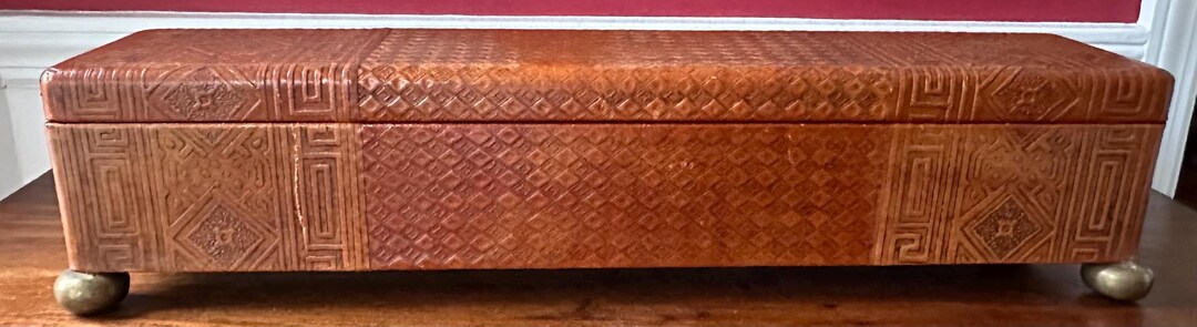 Vintage Long Embossed Leather Box With Brass Button Feet - Decorative ...
