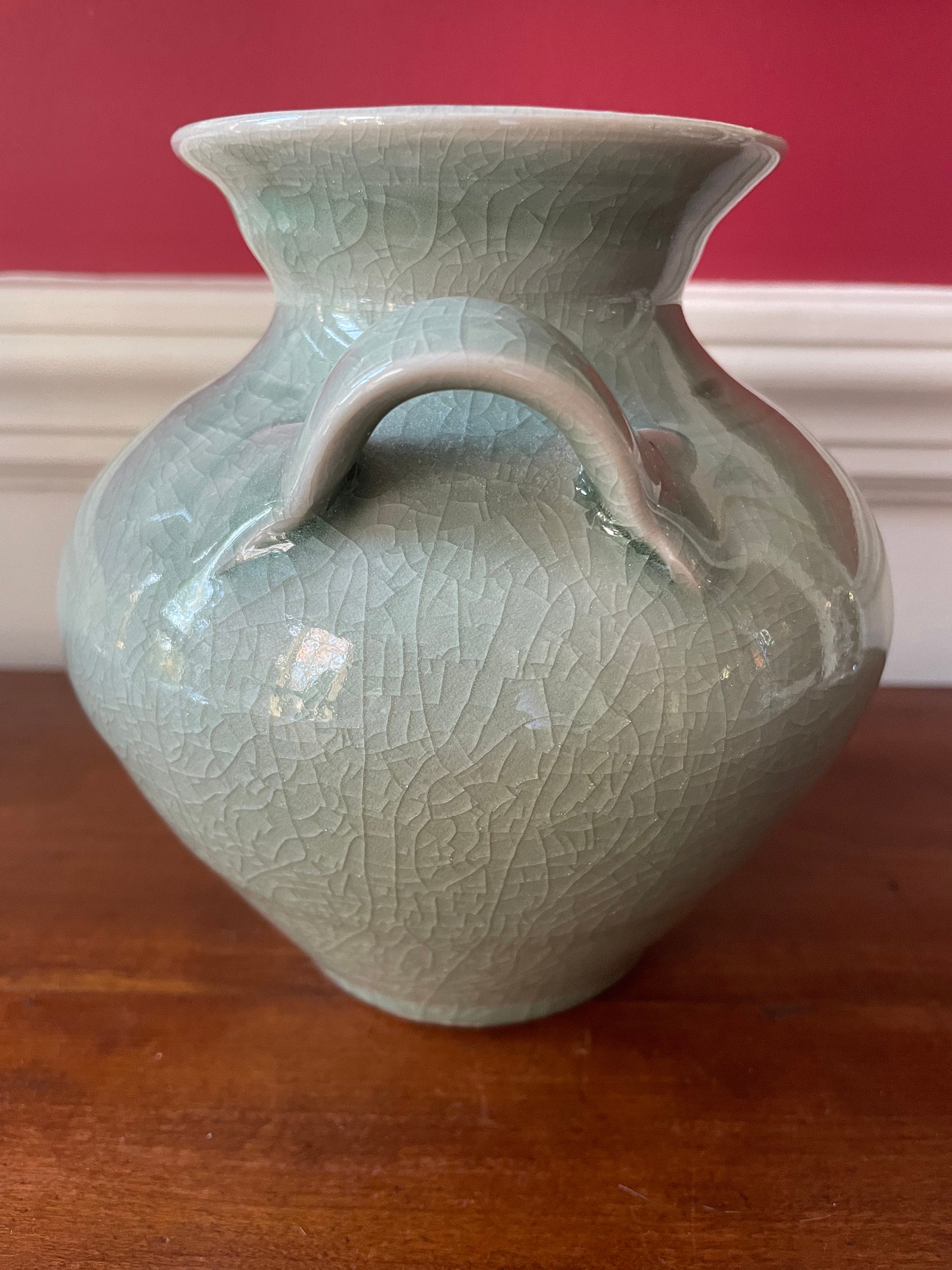 Simon Pearce Crackle Glaze Studio Pottery Handled Urn Celadon Hard to ...