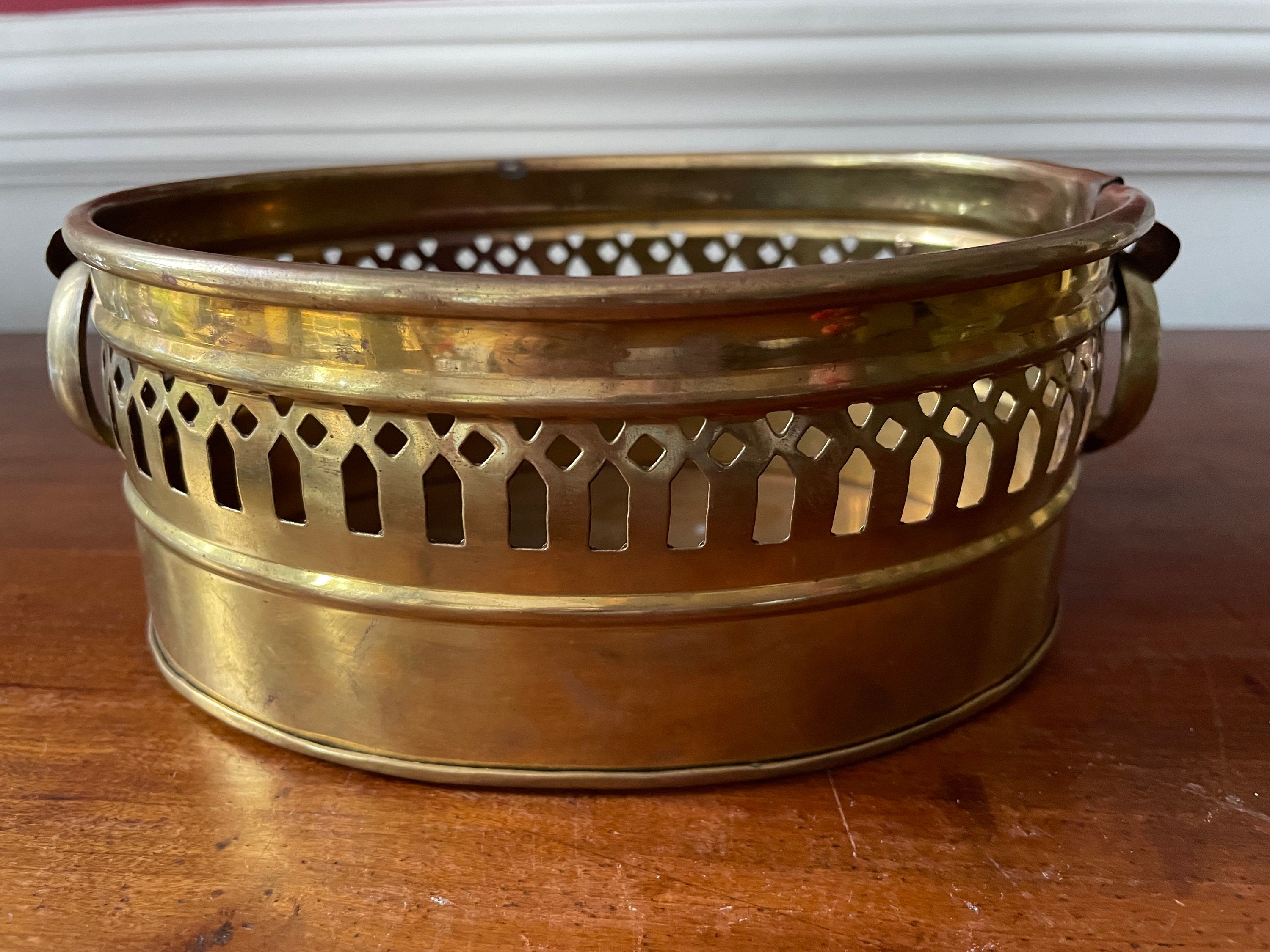 Vintage Brass Cachepot Planter With Ring Handles and Retriculated Edges ...