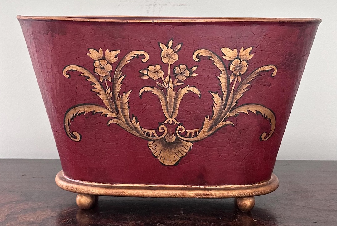 Vintage Red Toleware Cachepot/ Planter With Button Feet - Etsy