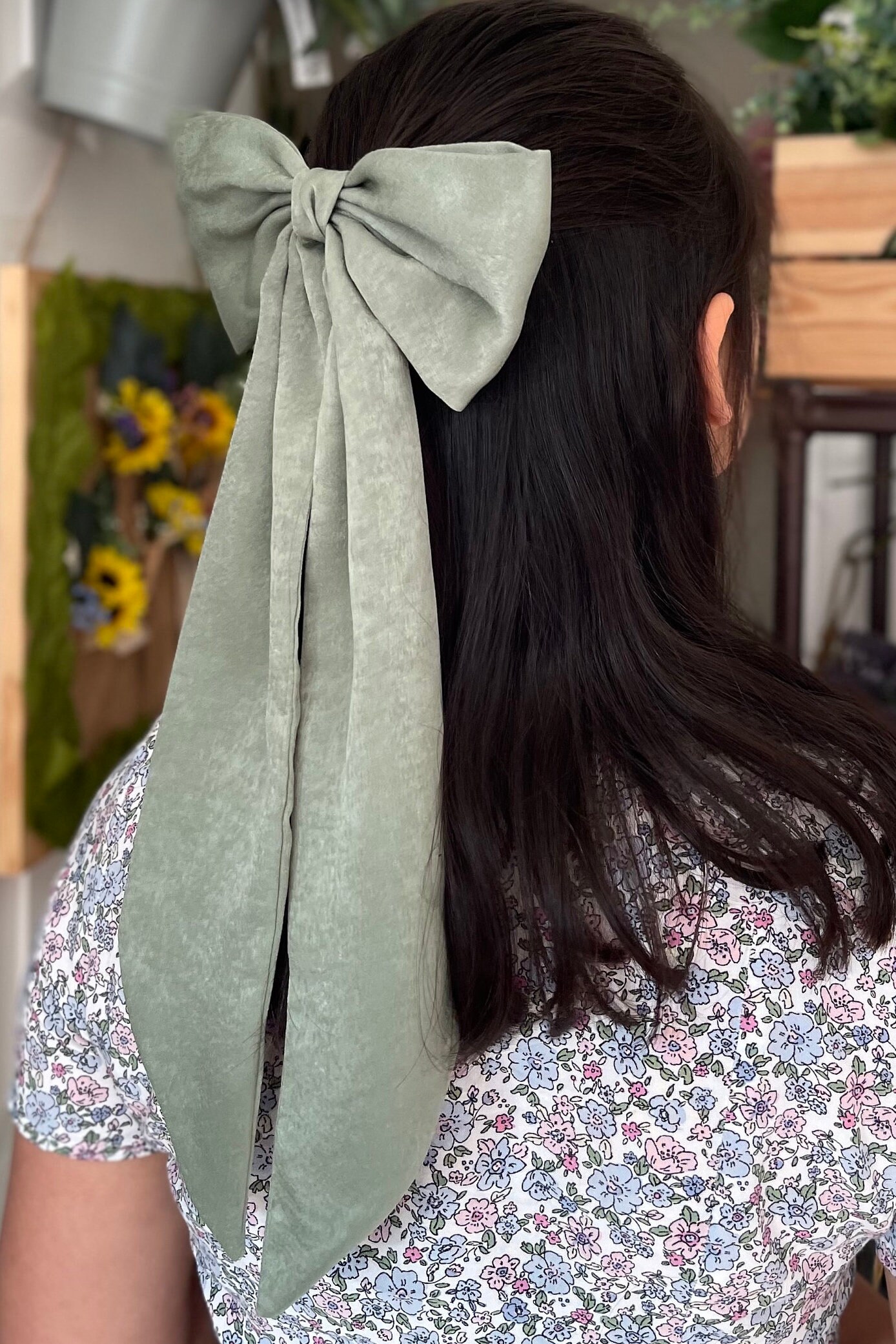 Dusty Sage Satin Hair Bow With Long Tail Sage Green Big Bow Christmas ...