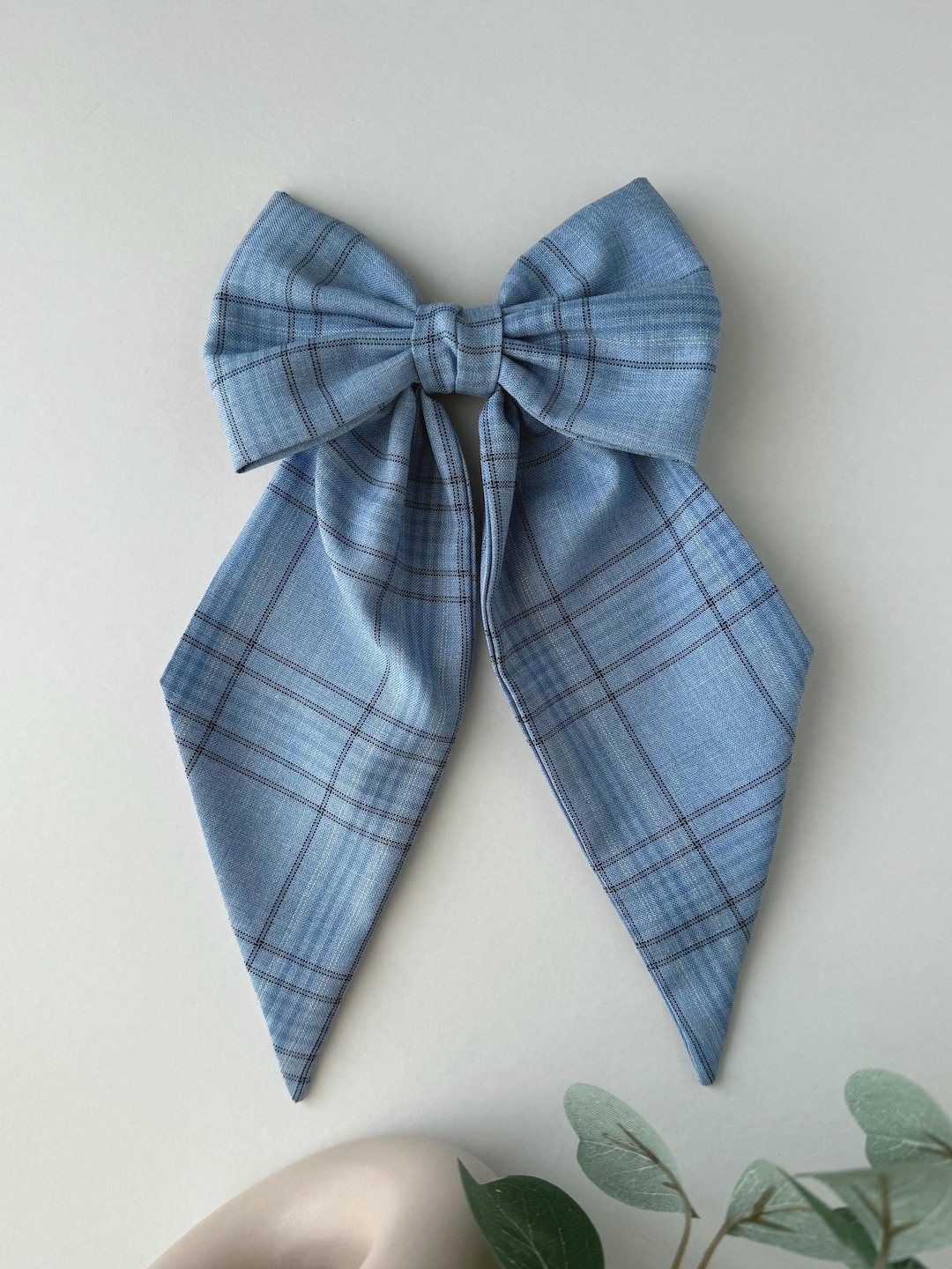 Sky Blue Plaid Hair Bow Tartan Blue Bow for Girl Medium Hair Bow With ...