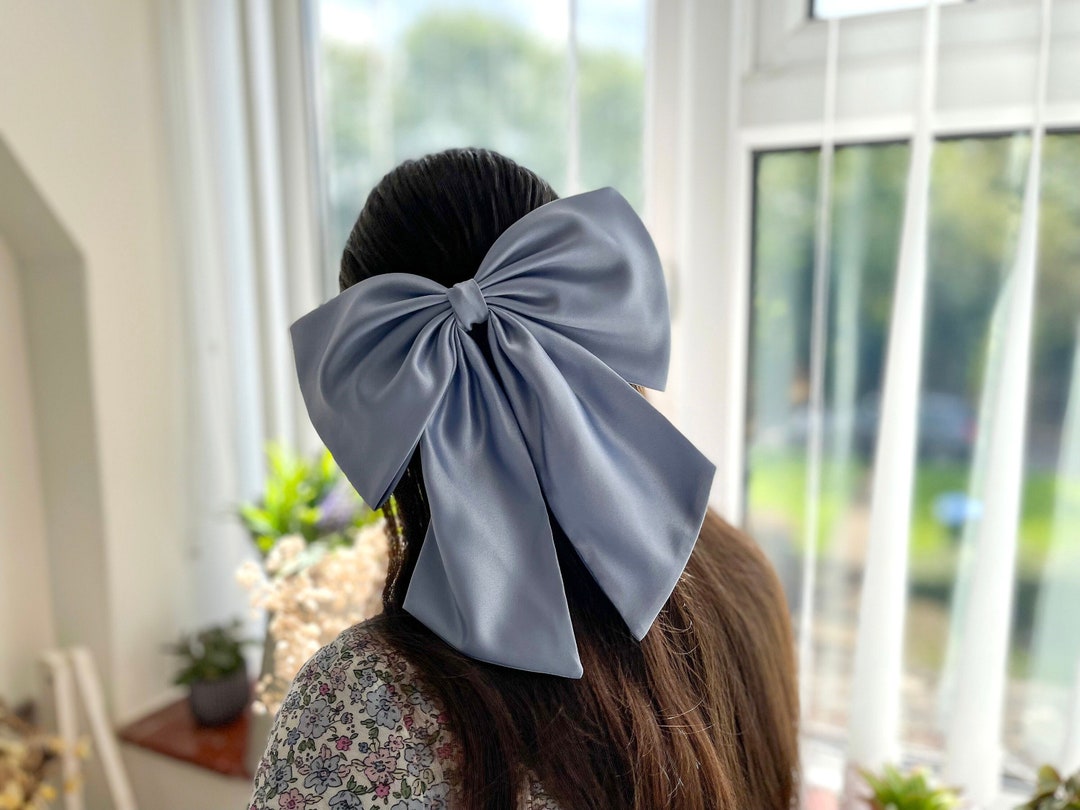 Dusty Blue Duchess Satin Large Hair Bow, Oversized Bow With Tail, Big ...