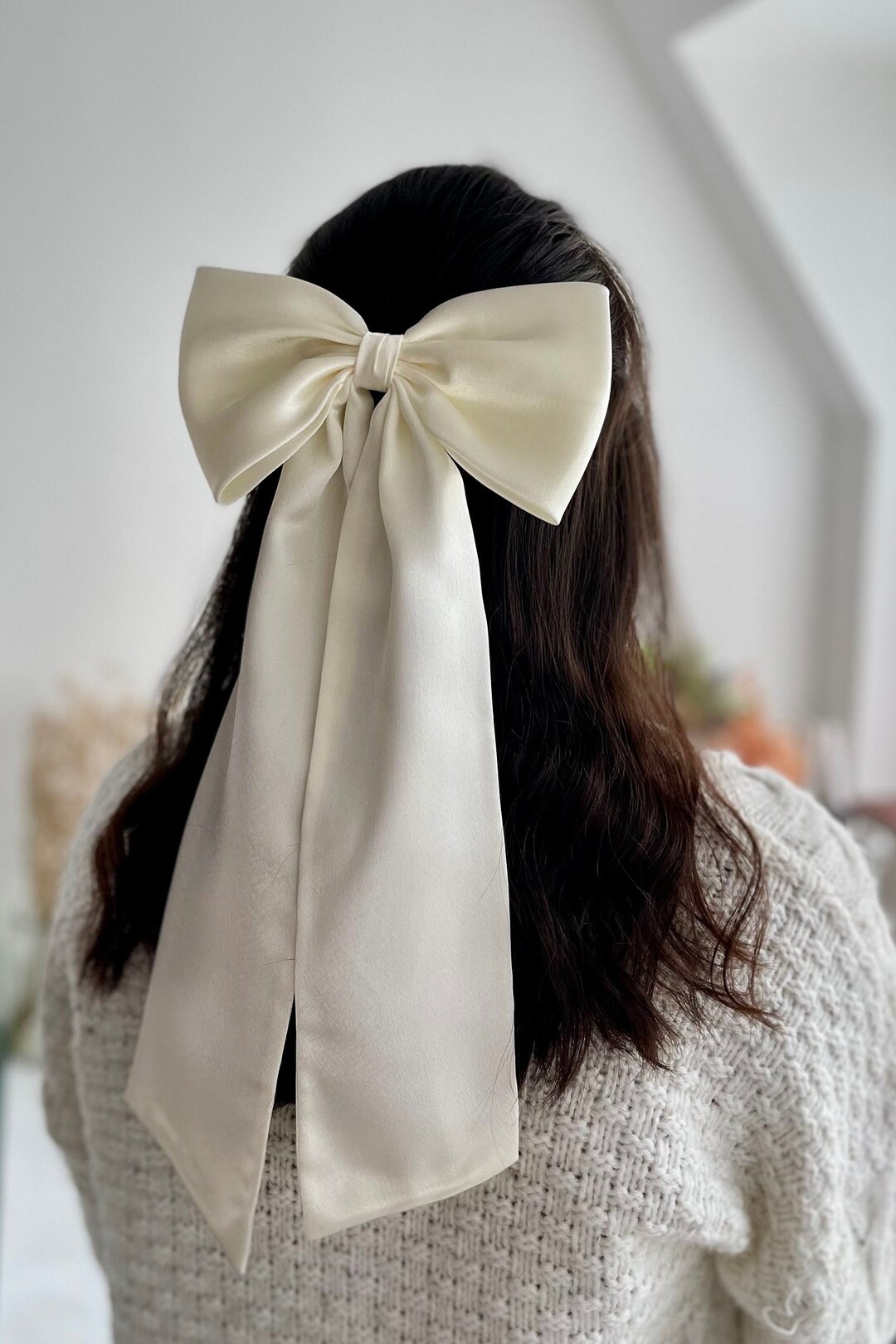 Ivory Bow Satin With Long Tail Big Ivory Single Bow With Barrette ...