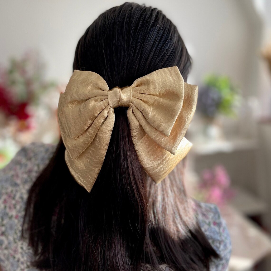 Gold Satin Layered Hair Bow Christmas Gift for Her Medium Sized Gold ...
