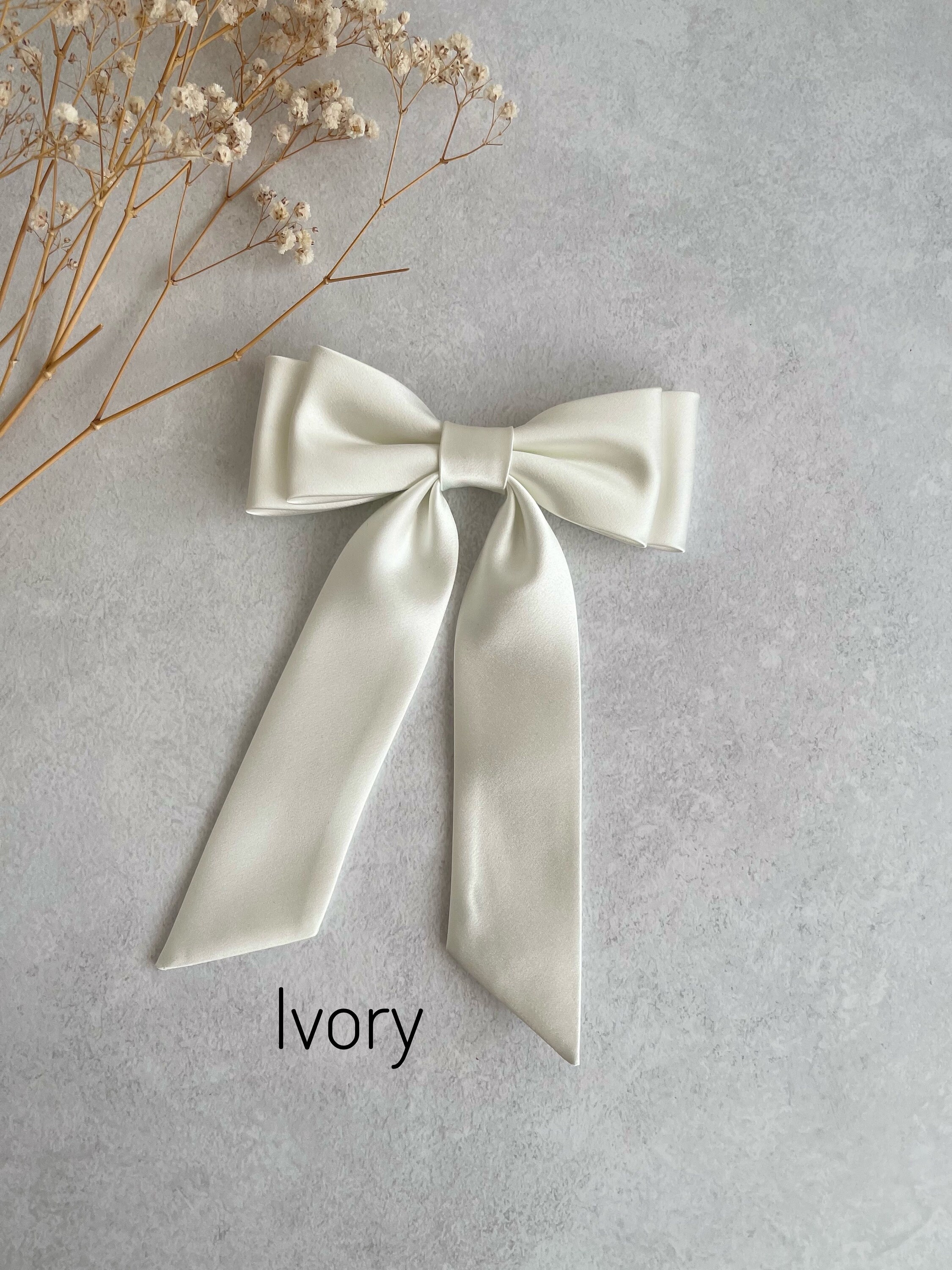 White Satin Hair Bow Bridal Bow Satin Double Ivory Bow With Tail Skinny ...