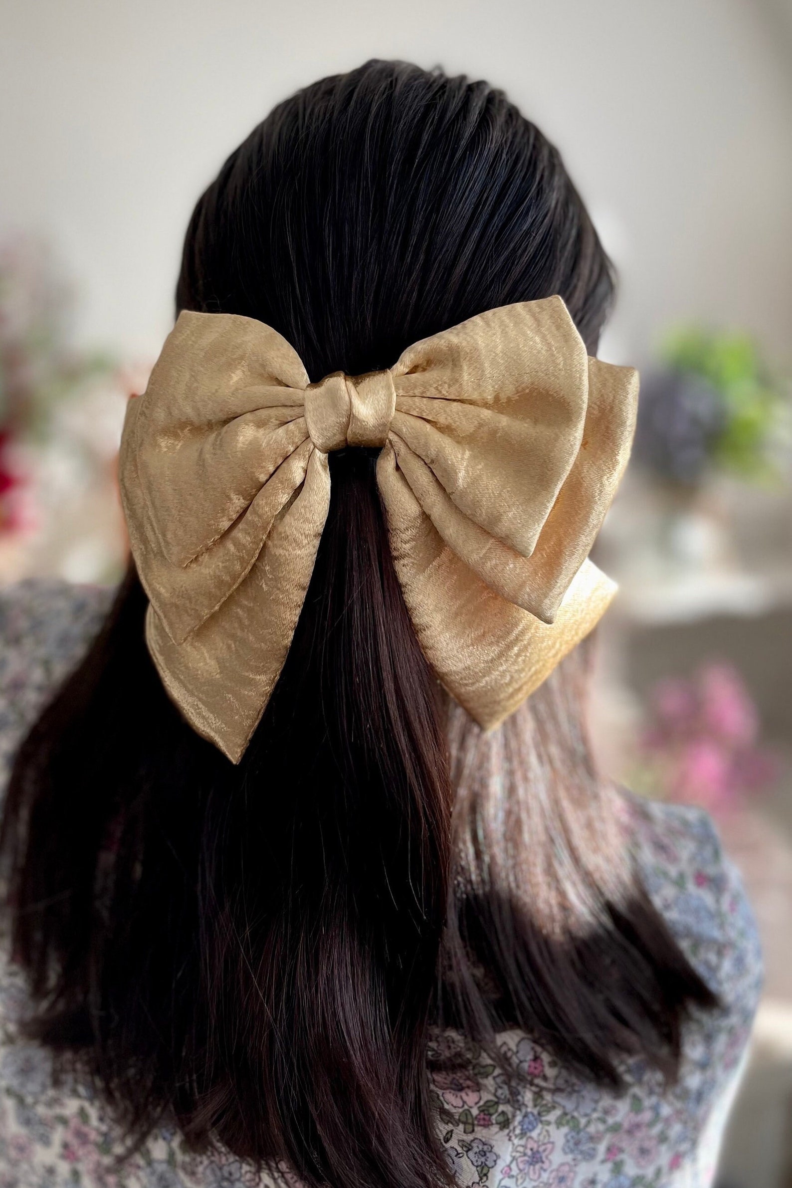 Gold Satin Layered Hair Bow Christmas Gift for Her Medium Sized Gold ...
