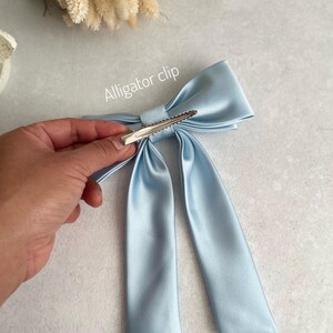Blue Satin Hair Bow Slim Sky Blue Bow Hair Accessory for Girl Handmade ...