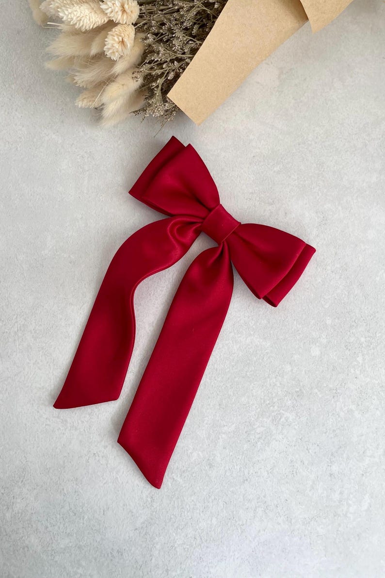 Red Satin Christmas Hair Bow Slim Bow Hair Accessory for Girl Handmade ...