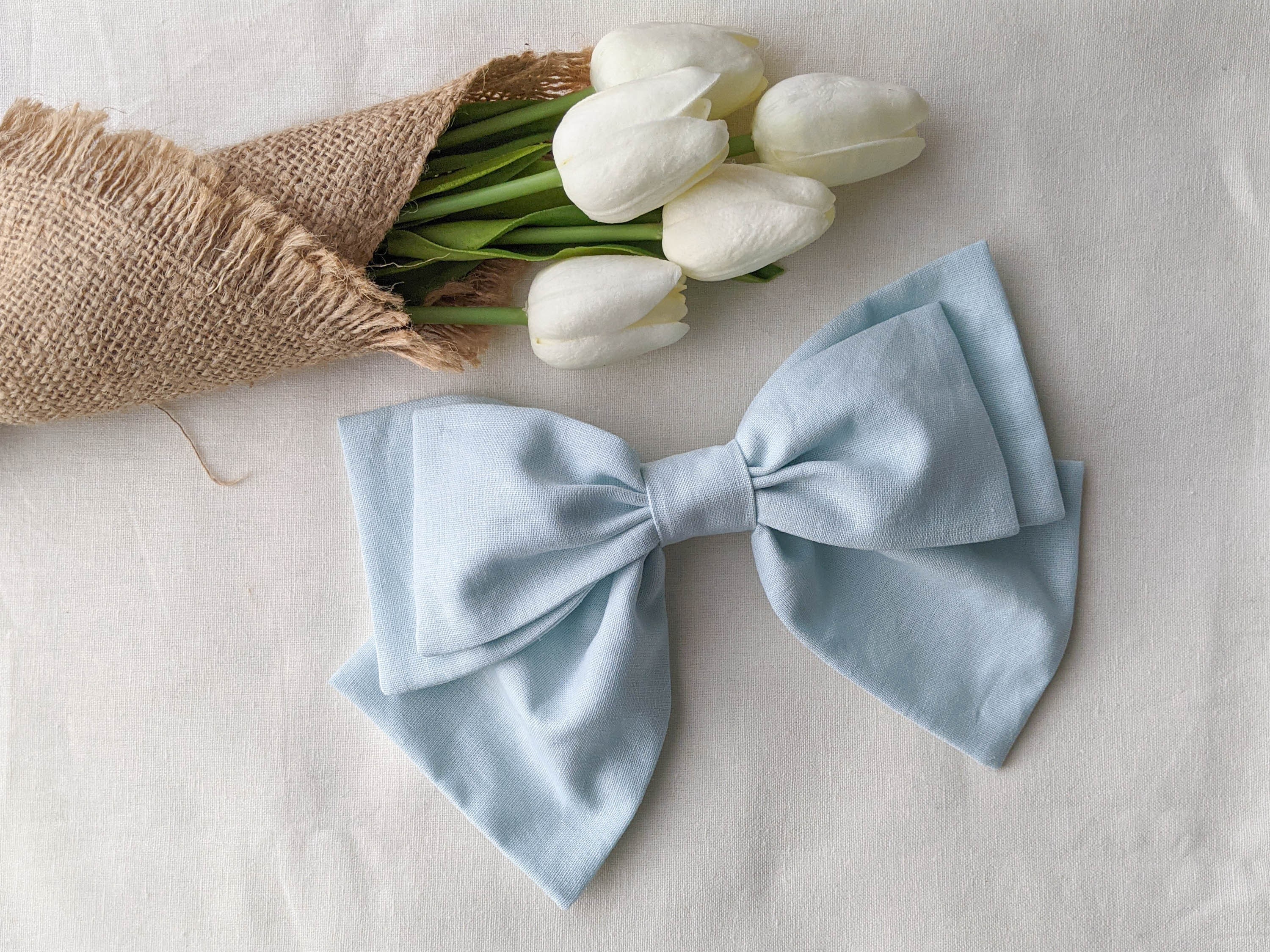 Dusty Blue Linen Fabric Hair Bow Solid Mist Big Bow Organic | Etsy